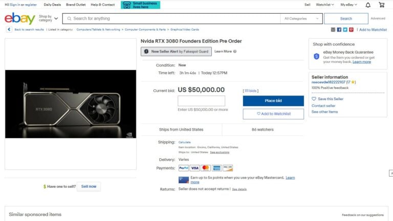 An RTX 3080 Graphics Card Just Sold on Ebay for $70,000