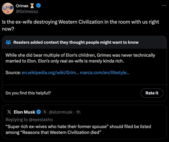 No, Grimes Didn't Make Fun of Elon Musk for Saying Rich Ex-Wives Have ...