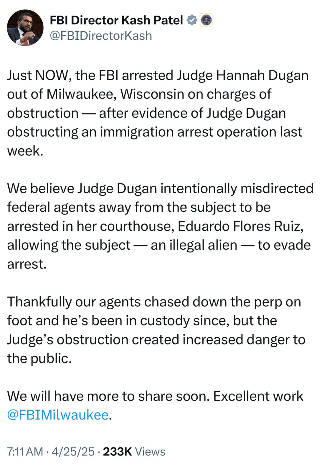 FBI Director Deletes Tweet About Arrest of Wisconsin Judge but It's ...